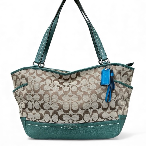 Coach | Bags | Coach Park Signature Tote In Khakihunter Green With Teal ...